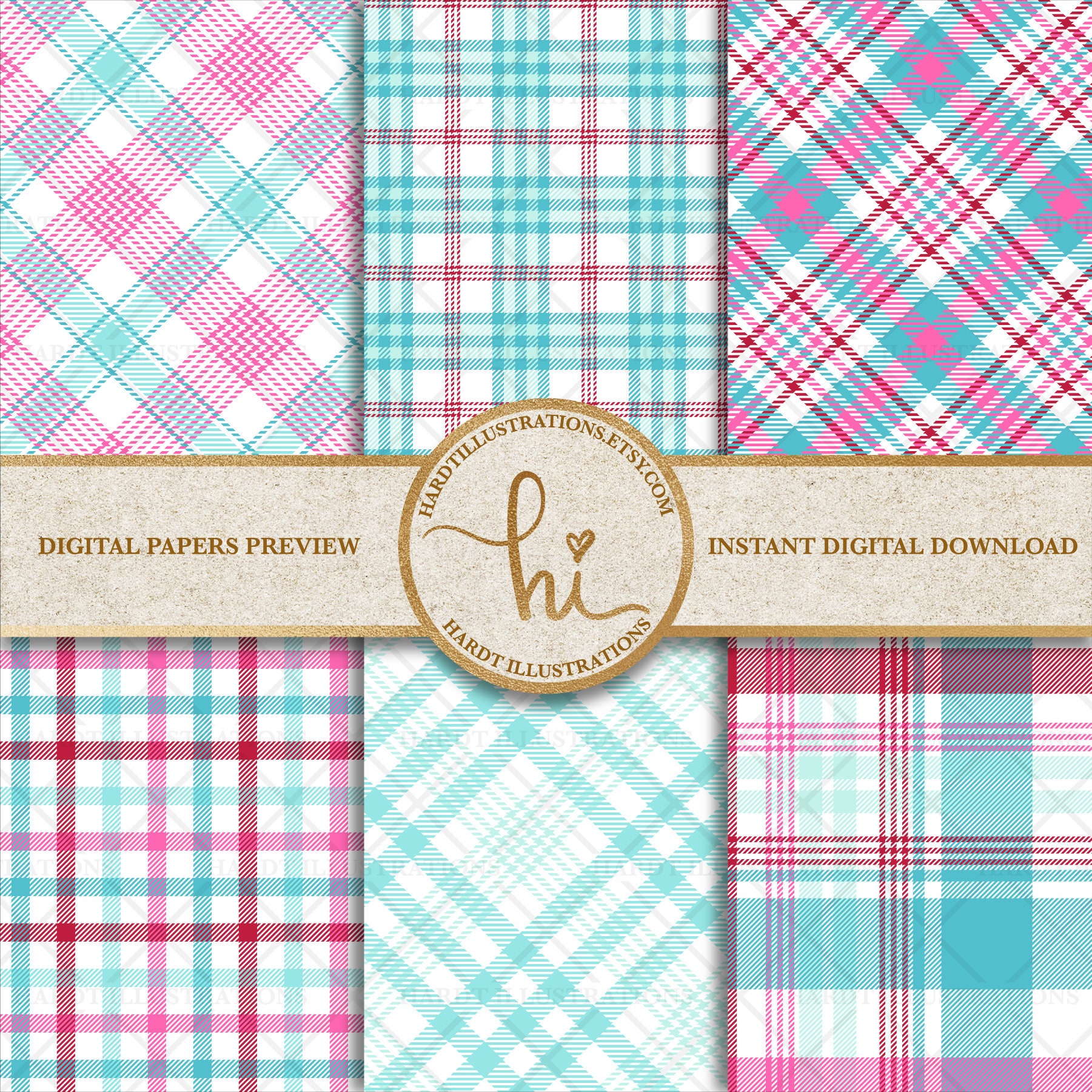 Pink & Blue Plaid Digital Paper Checkered Design Holiday | Etsy