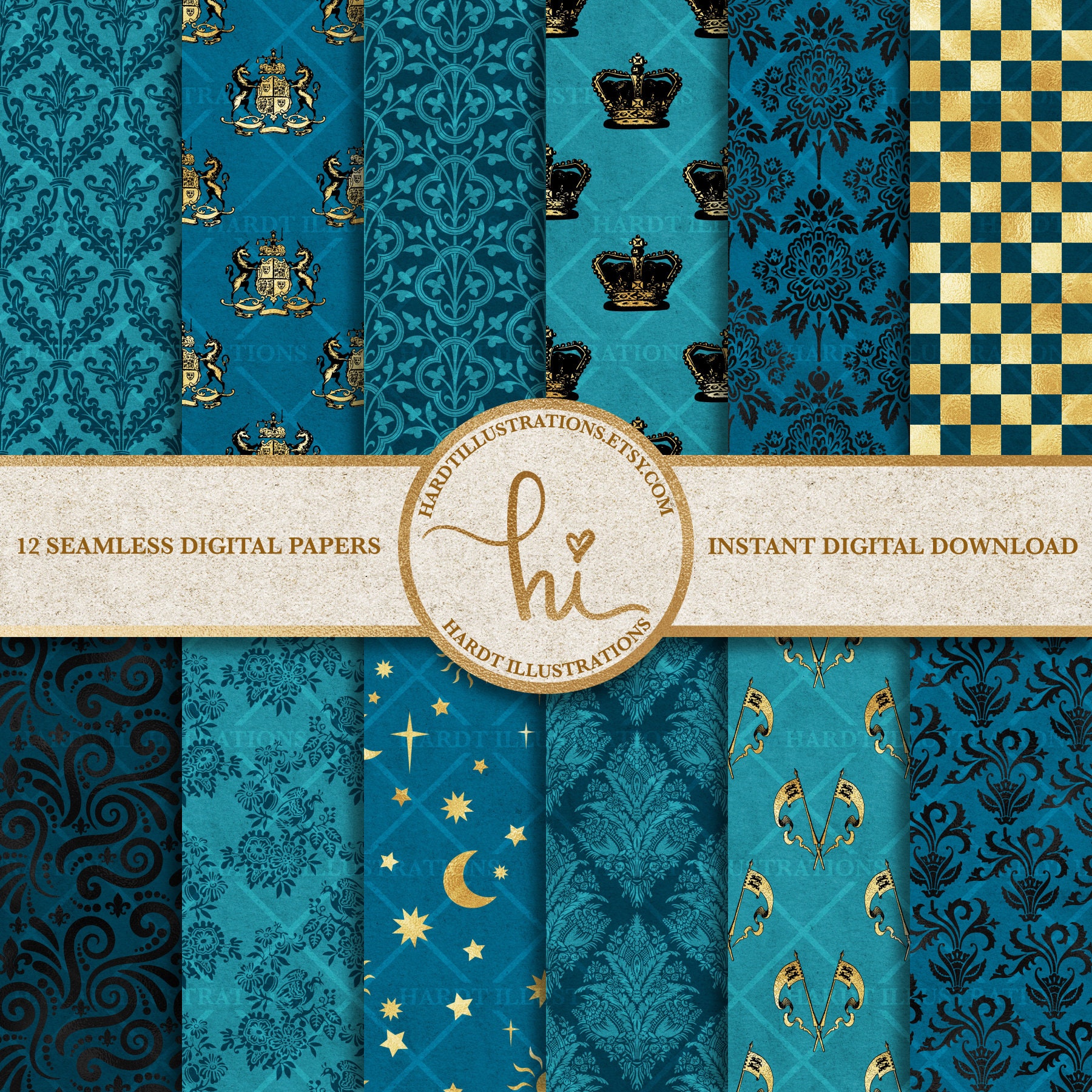 Teal & Gold Foil Heraldic Digital Paper Turquoise Medieval | Etsy