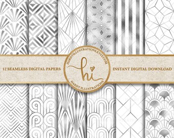 Black & Silver Foil Art Deco Digital Paper Geometric Design | Etsy