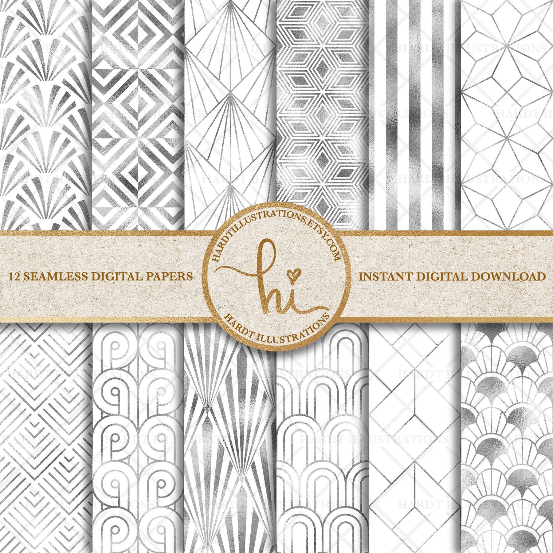 White & Silver Foil Art Deco Digital Paper Geometric Design | Etsy