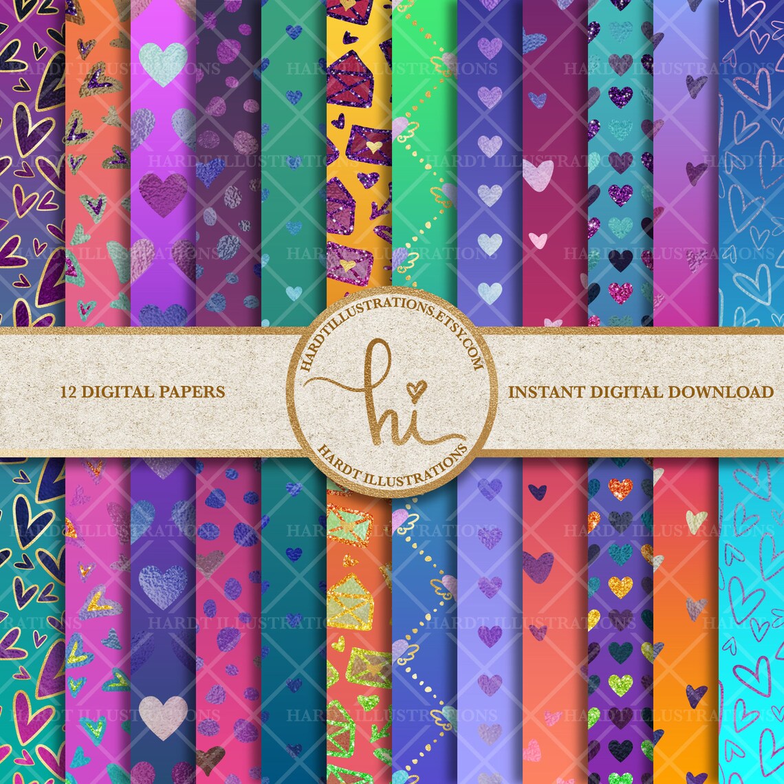 Holographic Hearts Digital Paper Neon Rainbow Digital Paper | Etsy