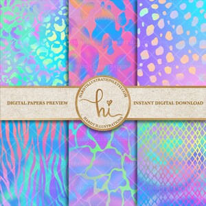 Holographic Animal Print Digital Paper, Neon Rainbow Digital Paper ...