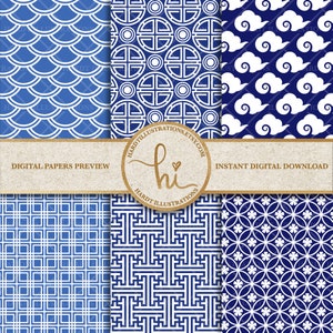 Blue & White China Digital Paper, China Blue Geometric, Asian Digital ...