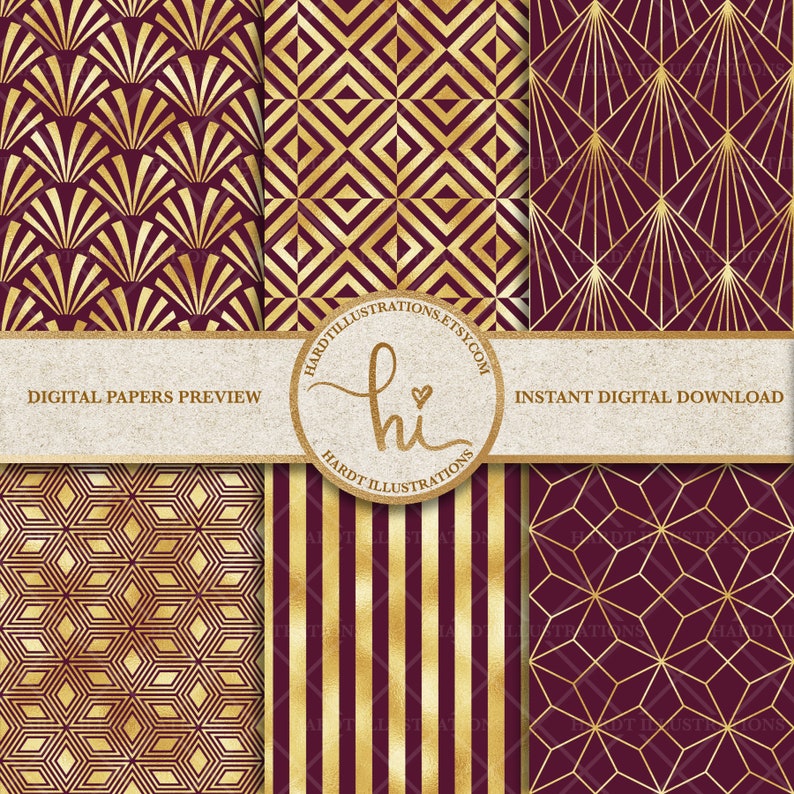 Burgundy & Gold Foil Art Deco Digital Paper Geometric Design | Etsy