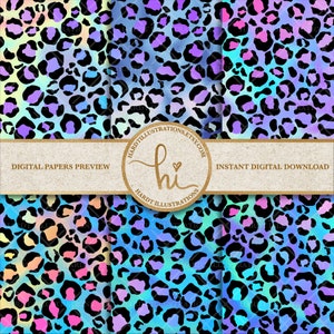 Holographic Leopard Print Digital Paper, Neon Rainbow Digital Paper ...