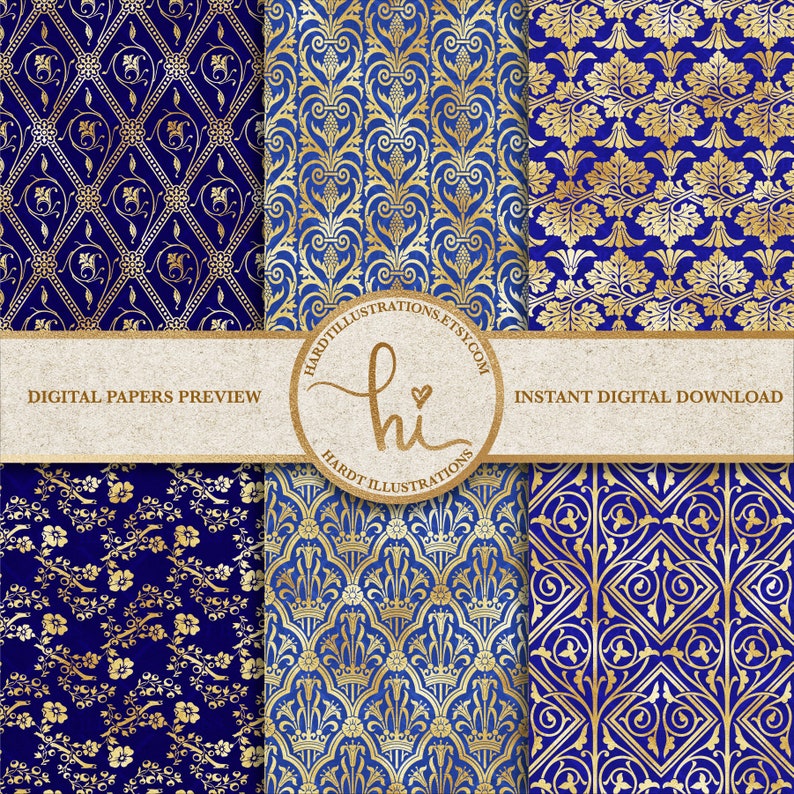 Blue & Gold Foil Damask Digital Paper Vintage Navy | Etsy