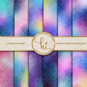 Fantasy Watercolor Digital Paper, Pastel Ombre Grunge Texture, Rainbow ...