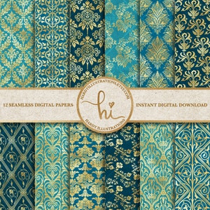 Teal & Gold Foil Damask Digital Paper, Vintage Turquoise Background ...
