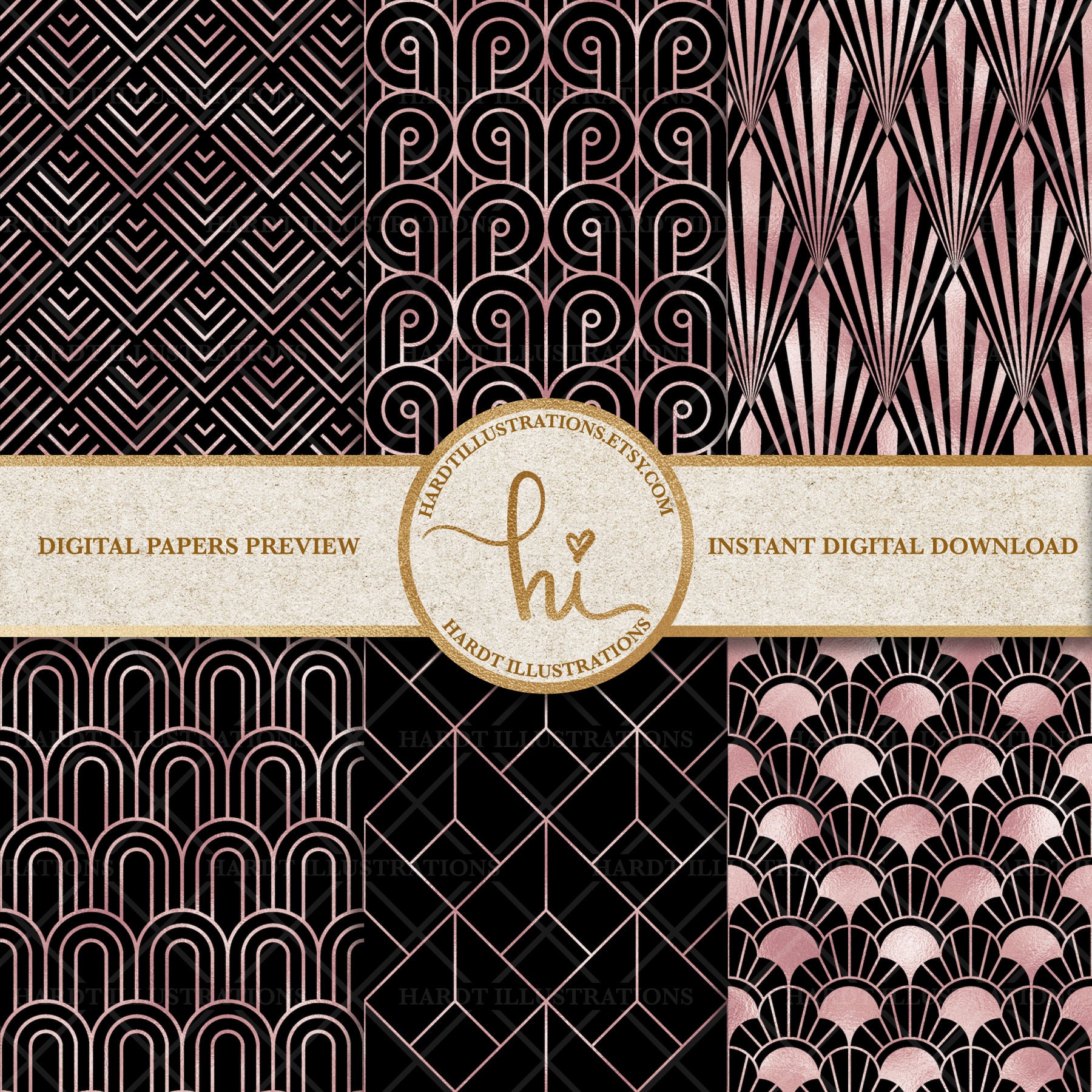 Black & Rose Gold Foil Art Deco Digital Paper Geometric | Etsy