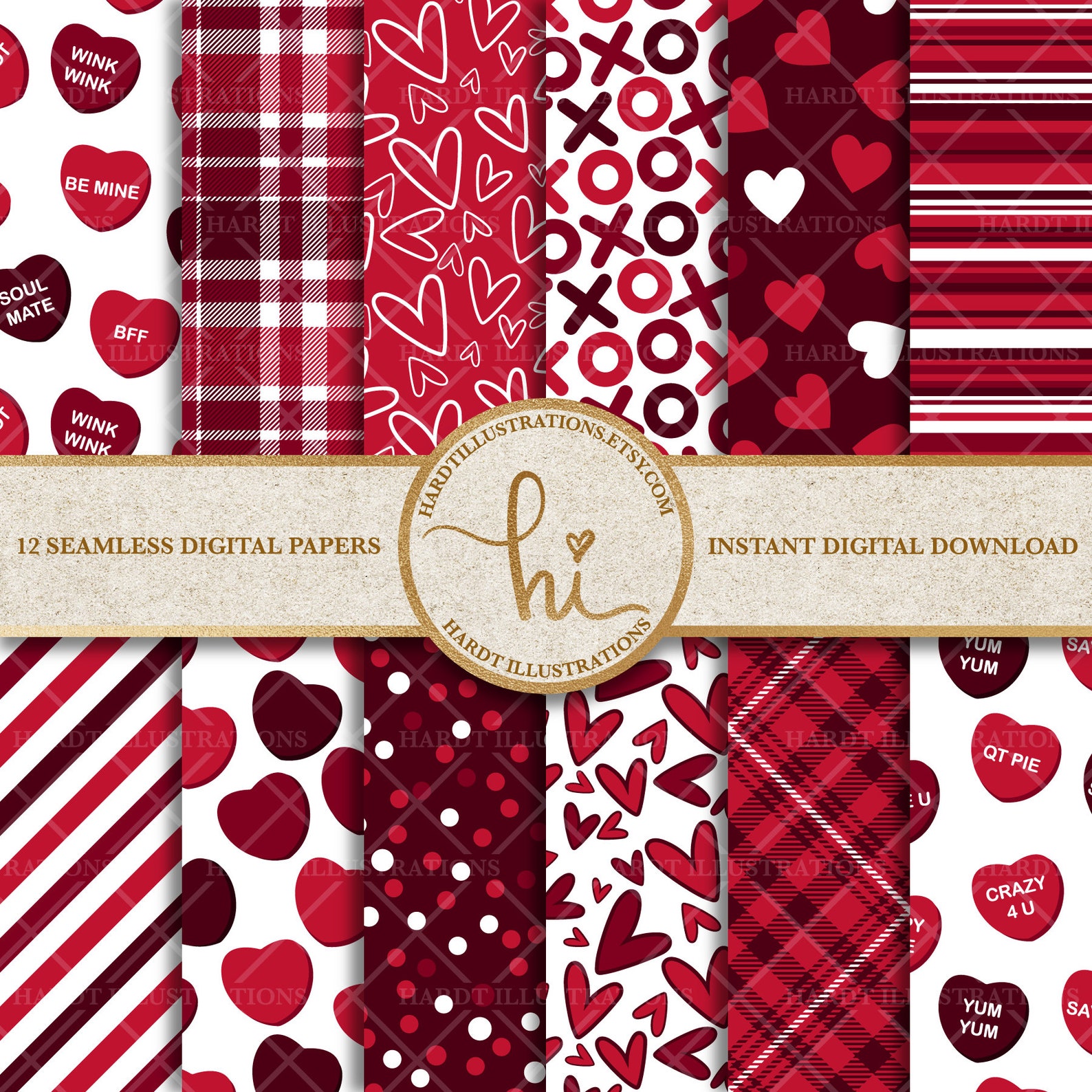 Burgundy Candy Heart Digital Paper Valentine Digital Paper - Etsy