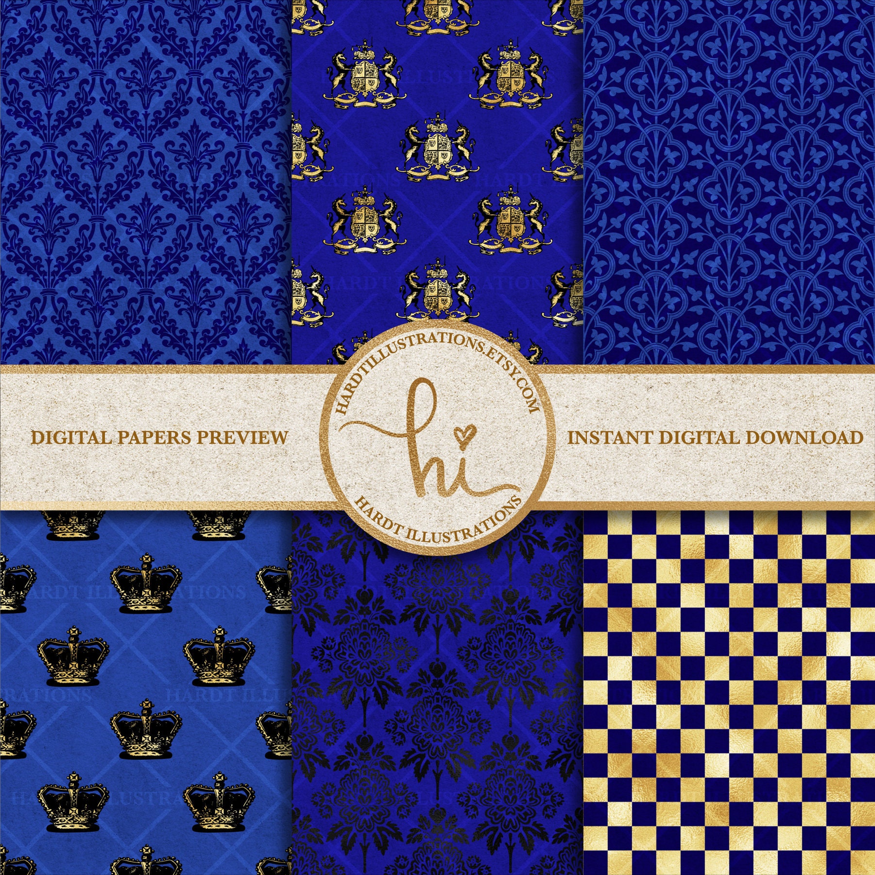 Blue & Gold Foil Heraldic Digital Paper Navy Medieval | Etsy