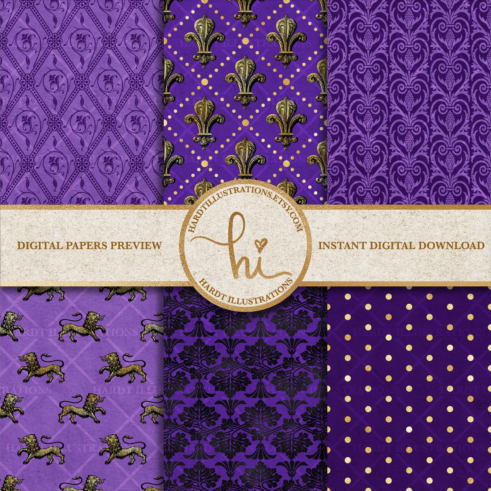 Purple & Gold Foil Heraldic Digital Paper Violet Medieval - Etsy