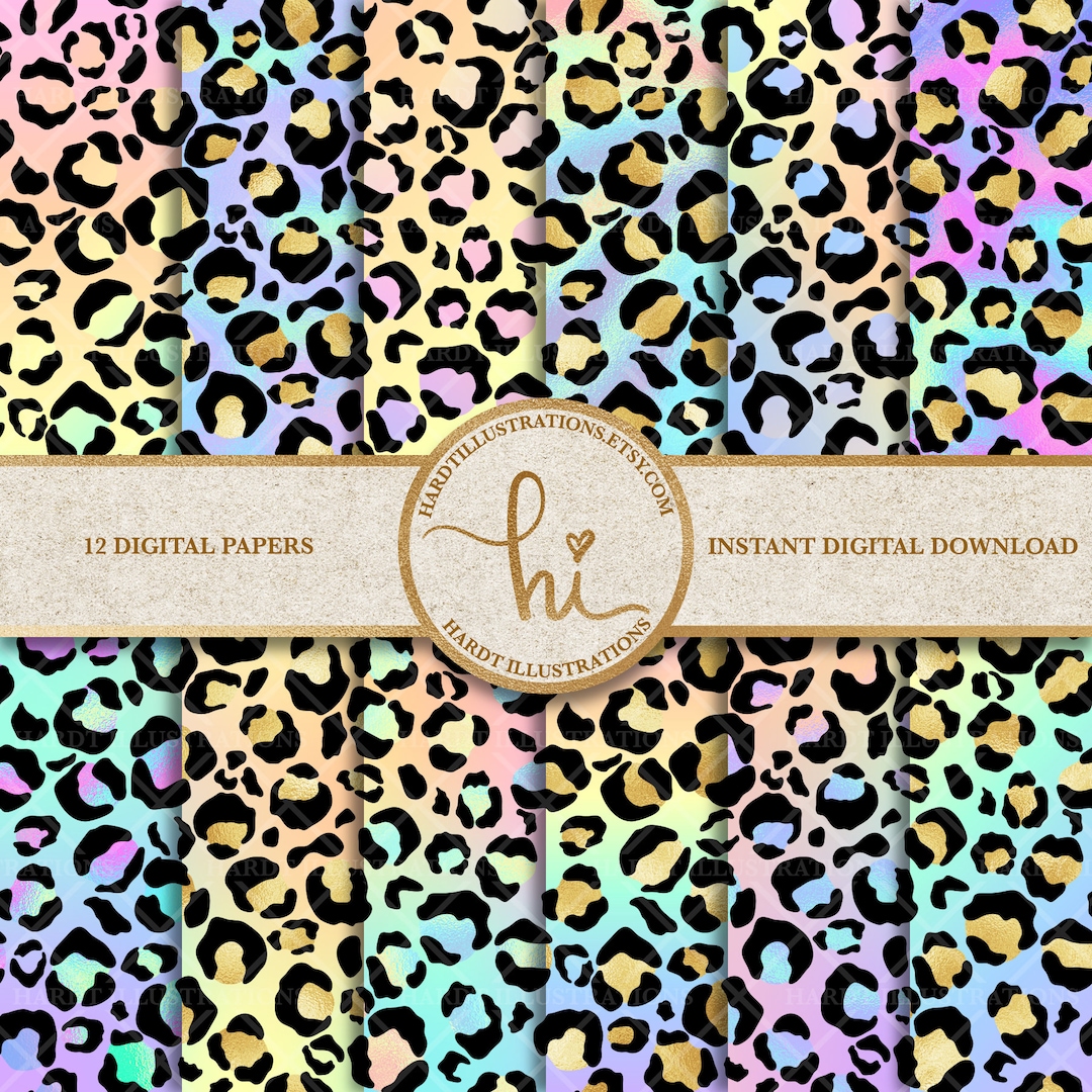 Pastel Leopard Print Digital Paper, Holographic Rainbow Digital Paper ...