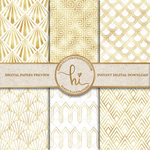 White & Gold Foil Art Deco Digital Paper, Geometric Design, Vintage ...
