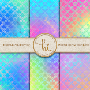 Holographic Mermaid Scales Digital Paper, Neon Rainbow Digital Paper ...