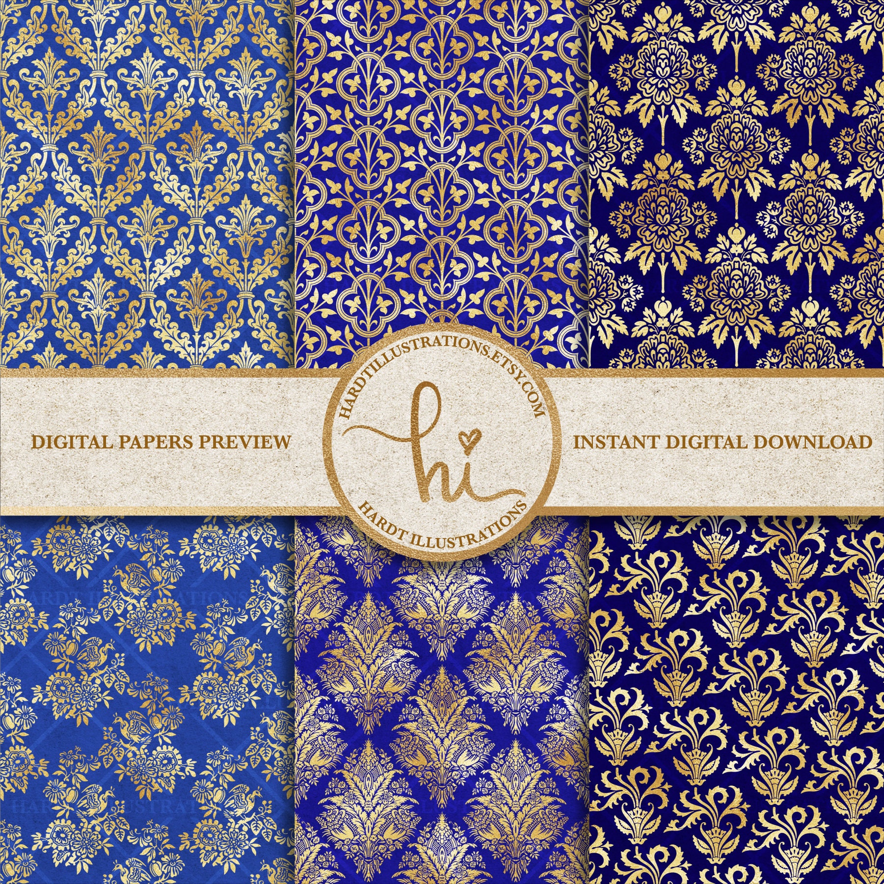 Blue & Gold Foil Damask Digital Paper Vintage Navy | Etsy