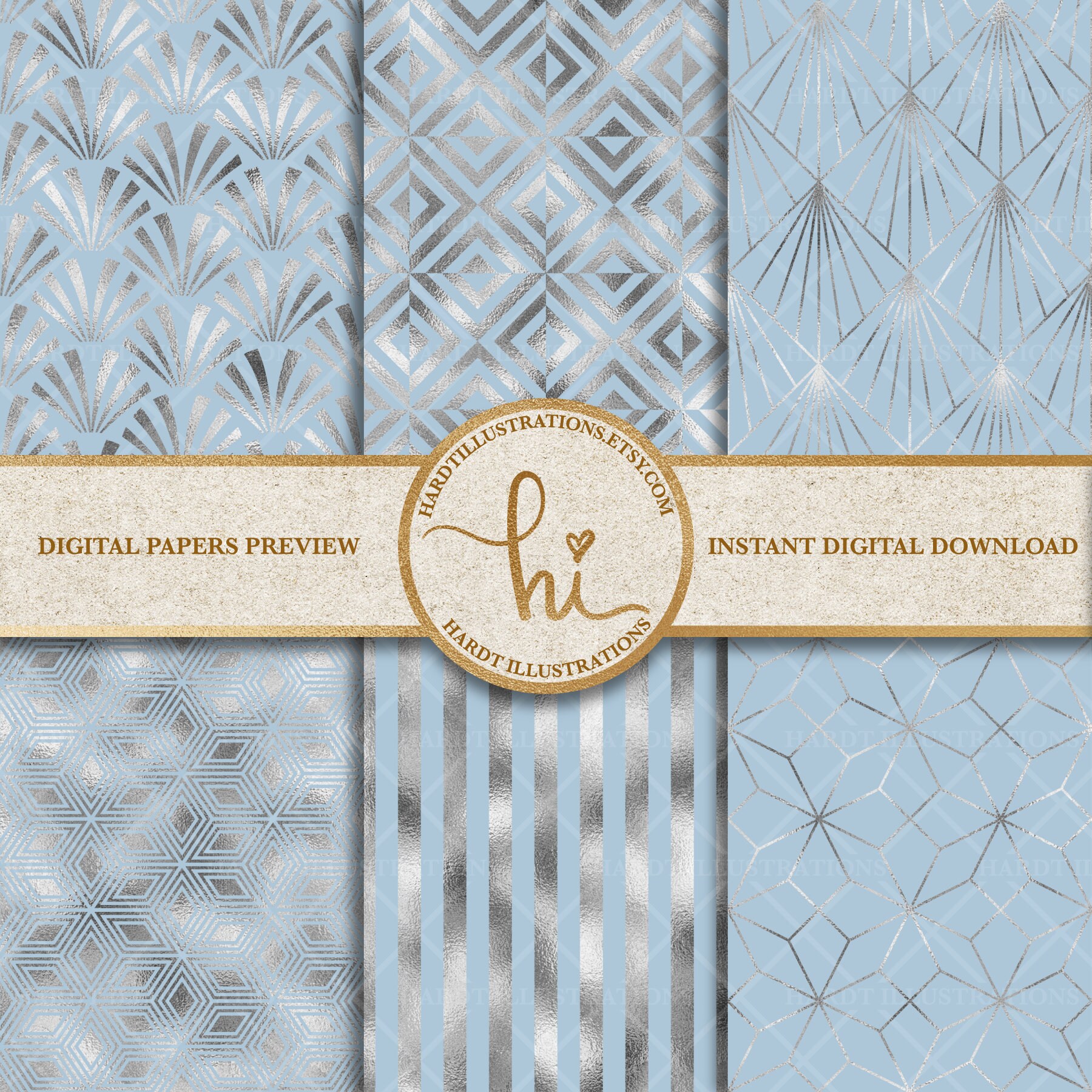 Baby Blue & Silver Foil Art Deco Digital Paper Geometric - Etsy