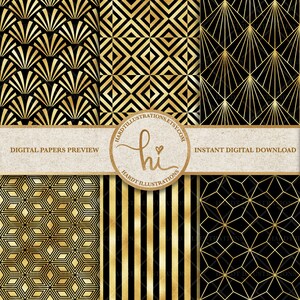Black & Gold Foil Art Deco Digital Paper Geometric Design - Etsy