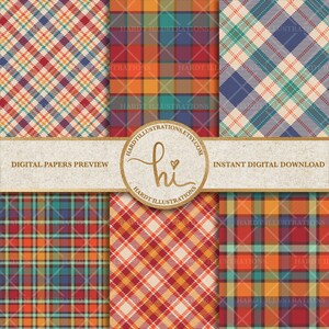 Retro Autumn Plaid Digital Paper, Checkered Design, Vintage Plaid Check ...