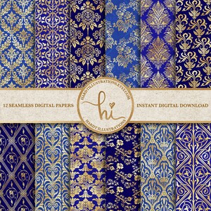 Blue & Gold Foil Damask Digital Paper, Vintage Navy Background, Cobalt ...