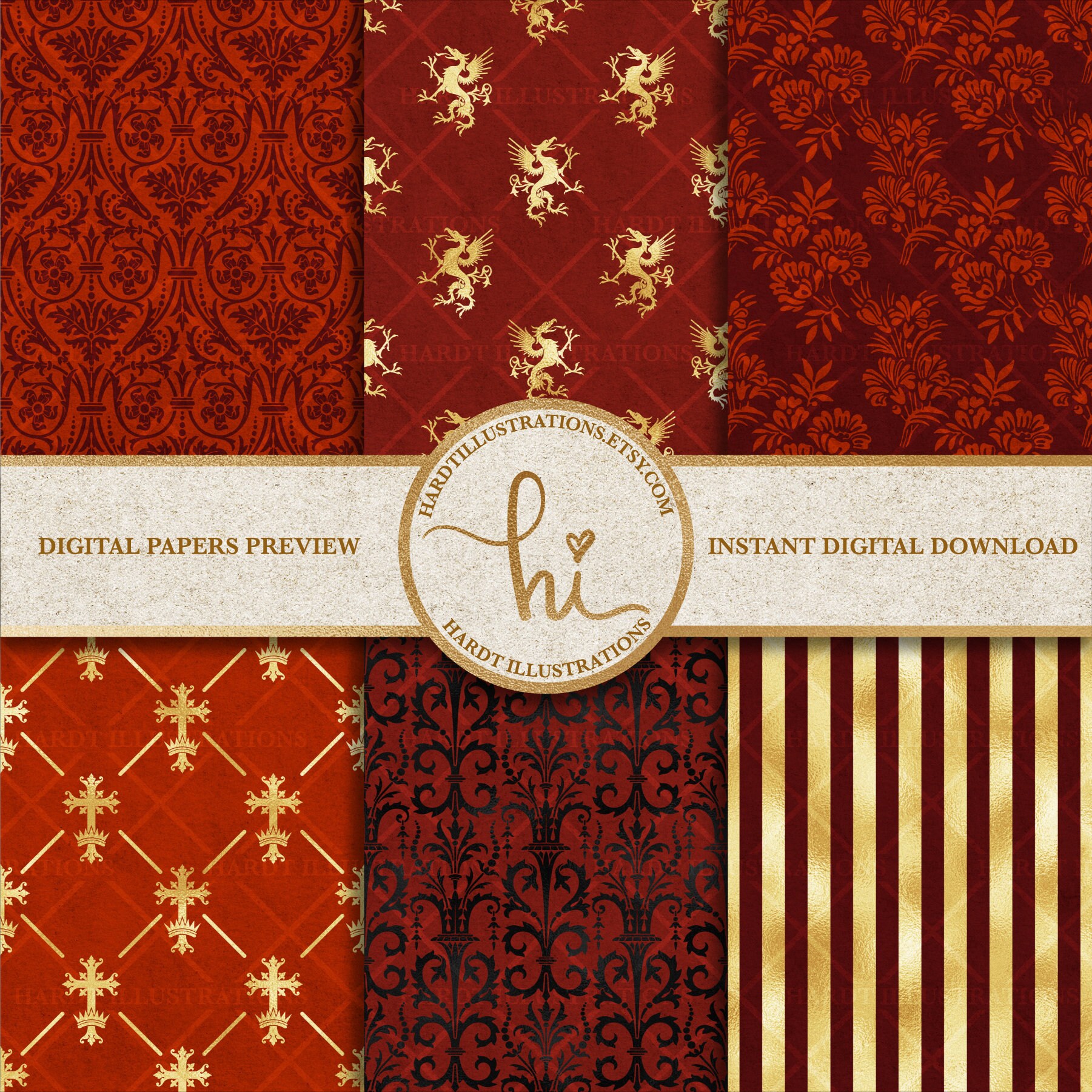 Red & Gold Foil Heraldic Digital Paper Burgundy Medieval | Etsy
