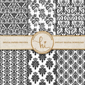 Black & White Damask Digital Paper, Vintage Damask Background ...