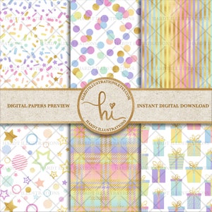 Pastel Rainbow Birthday Digital Paper, Colorful Party Designs, Confetti ...