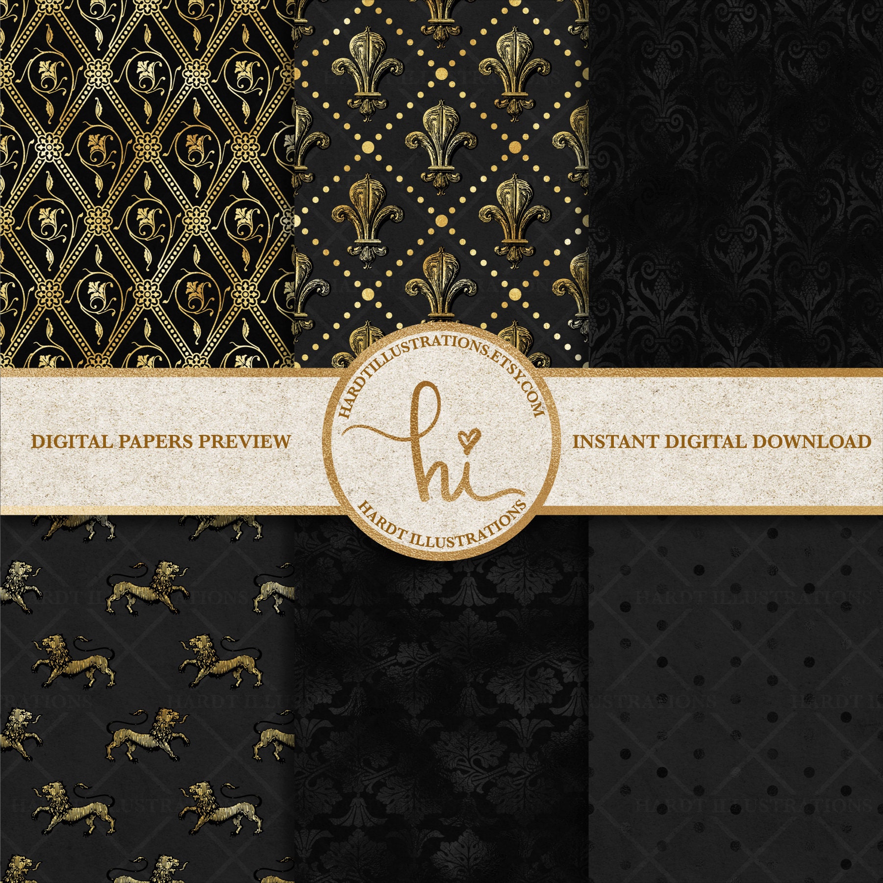 Black & Gold Foil Heraldic Digital Paper Vintage Medieval | Etsy