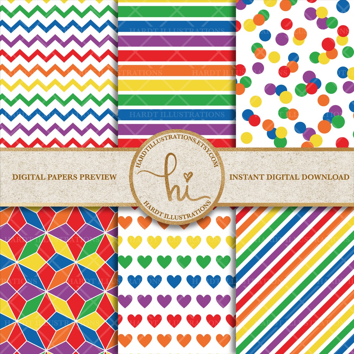 Rainbow Digital Paper Colorful Rainbow Pattern Geometric | Etsy