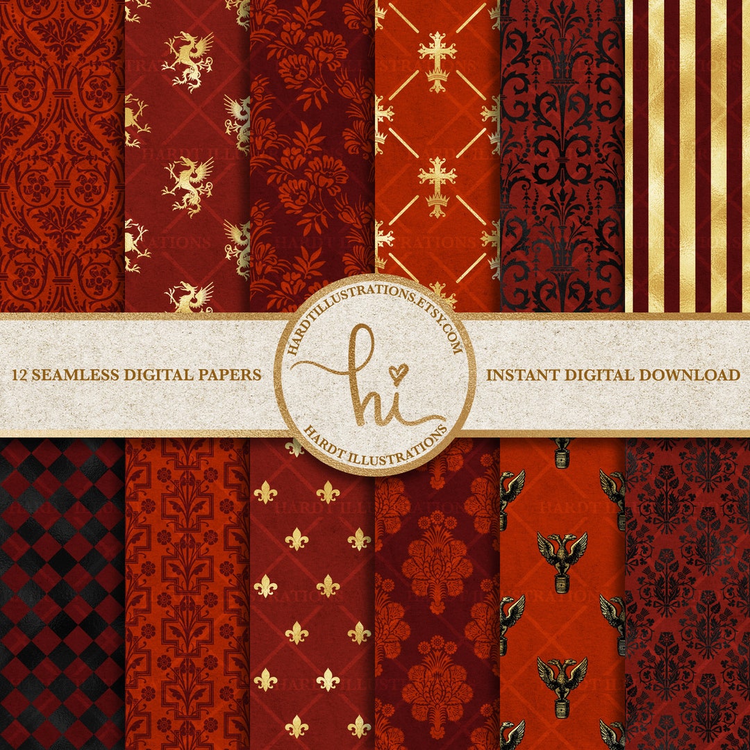 Red & Gold Foil Heraldic Digital Paper, Burgundy Medieval Background ...