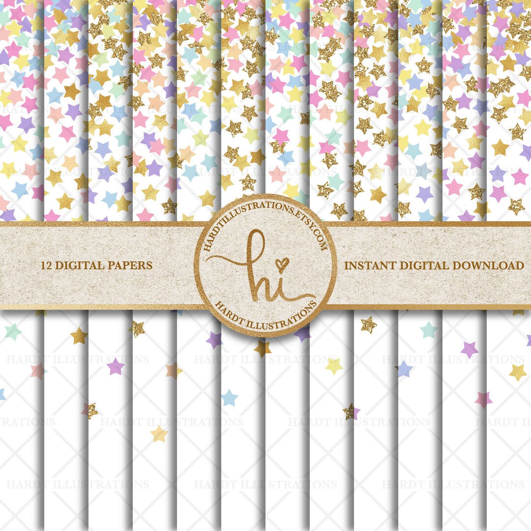 Pastel Rainbow Star Confetti Digital Paper, Falling Confetti Background ...