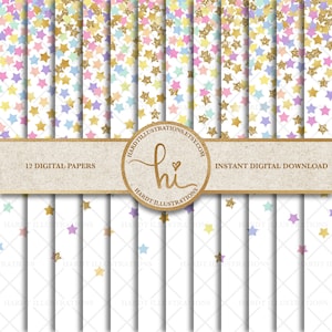 Pastel Rainbow Star Confetti Digital Paper, Falling Confetti Background ...