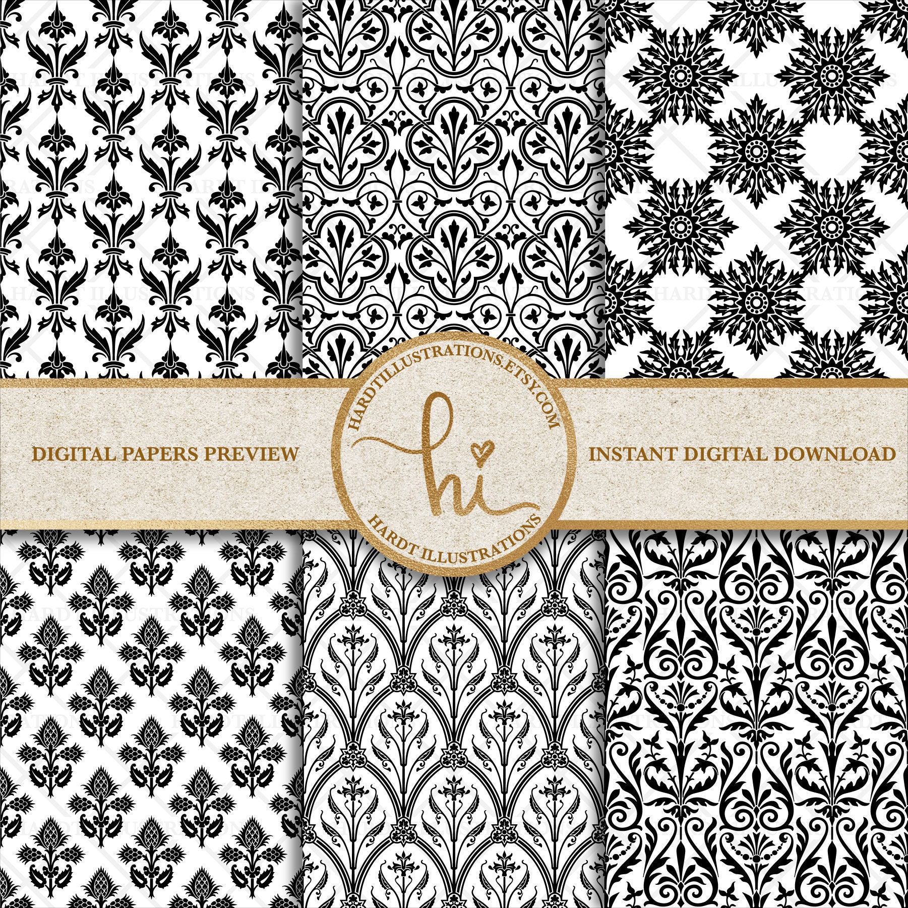 Black & White Damask Digital Paper Vintage Damask Background | Etsy