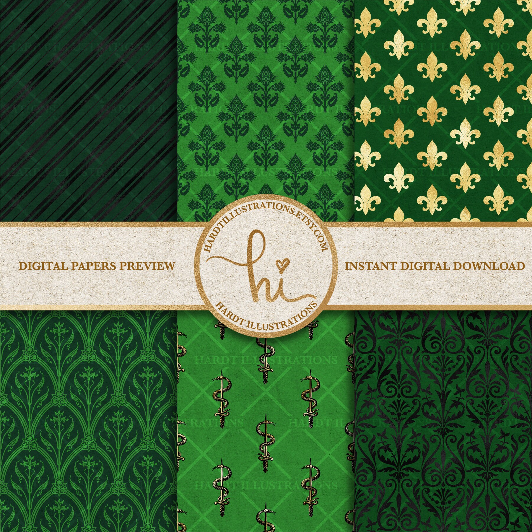 Green & Gold Foil Heraldic Digital Paper Emerald Medieval - Etsy