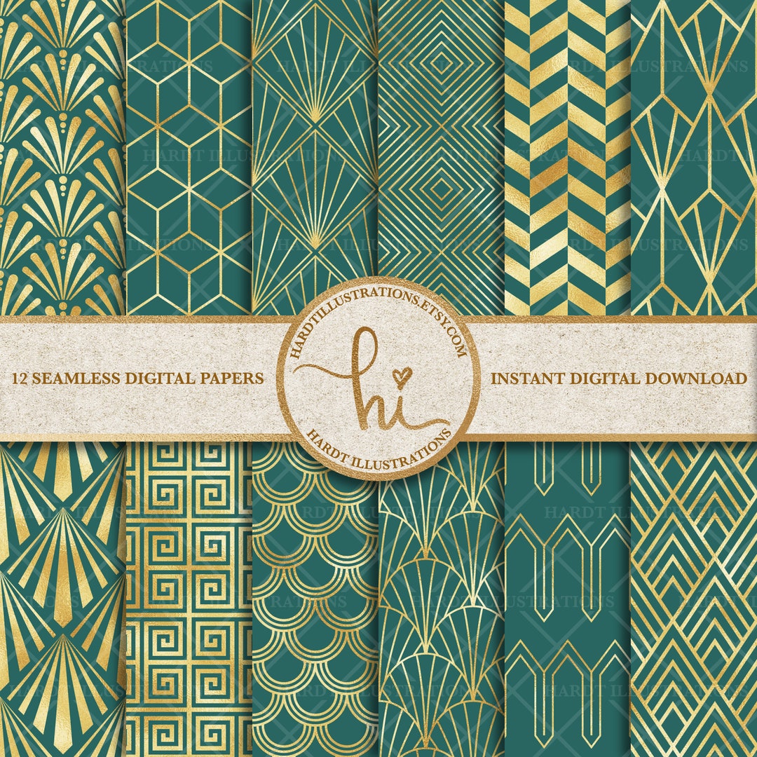 Teal & Gold Foil Art Deco Digital Paper, Geometric Design, Vintage ...