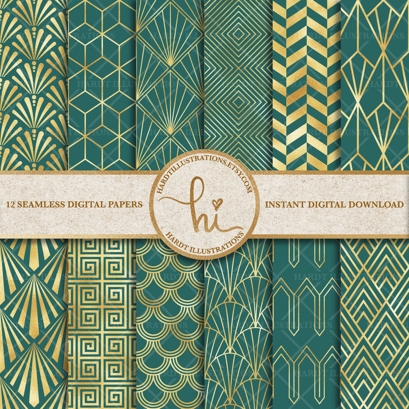 Teal & Gold Foil Art Deco Digital Paper Geometric Design - Etsy