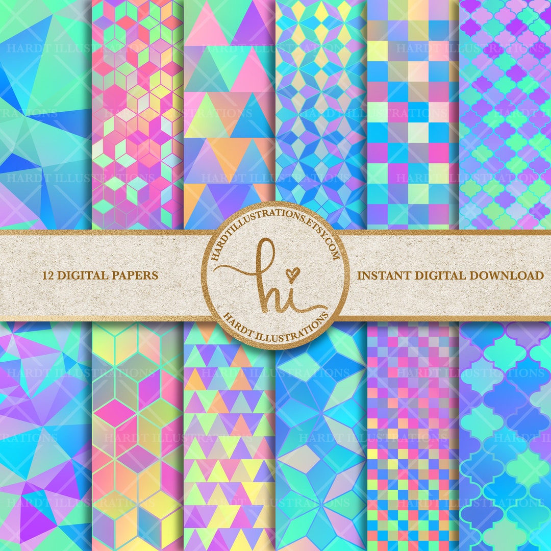 Neon Holographic Designs Digital Paper, Geometric Rainbow Digital Paper ...