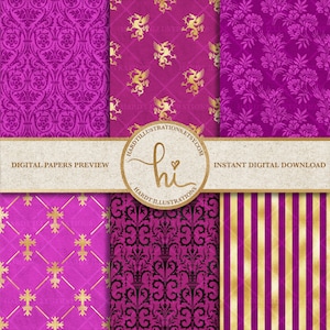 Magenta & Gold Foil Heraldic Digital Paper, Fuchsia Medieval Background ...