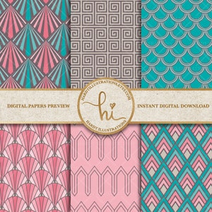 Colorful Vintage Art Deco Digital Paper, Geometric Design, Vintage ...