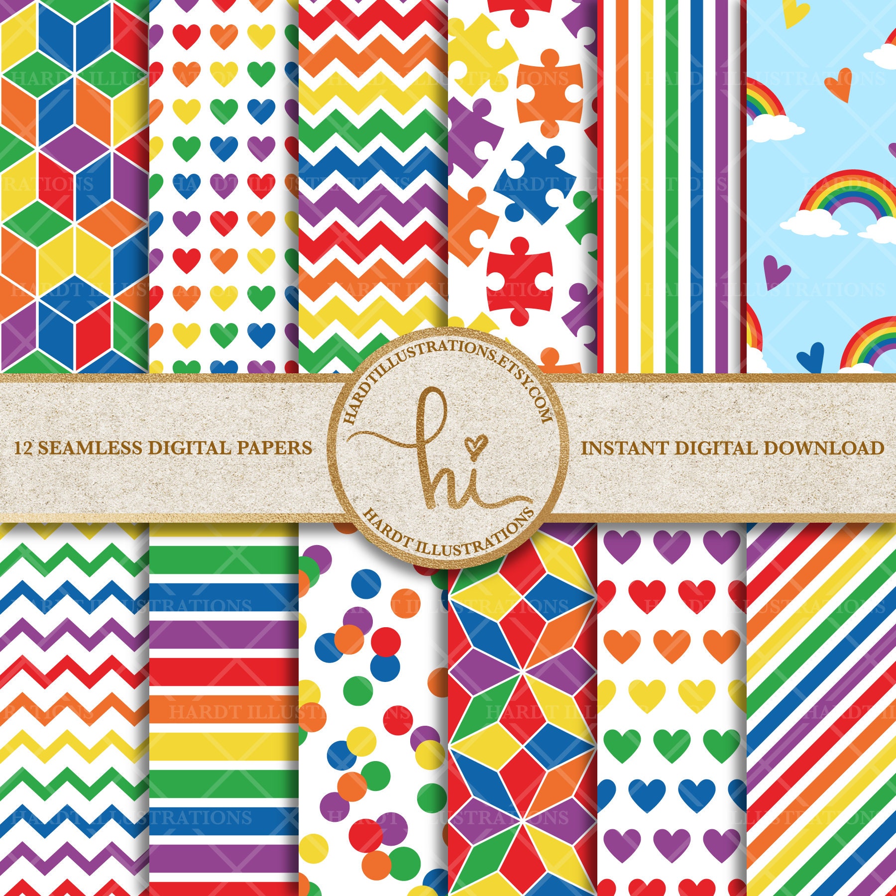 Rainbow Digital Paper Colorful Rainbow Pattern Geometric | Etsy