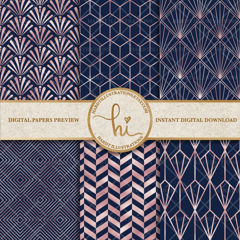 Navy & Rose Gold Foil Art Deco Digital Paper Geometric - Etsy