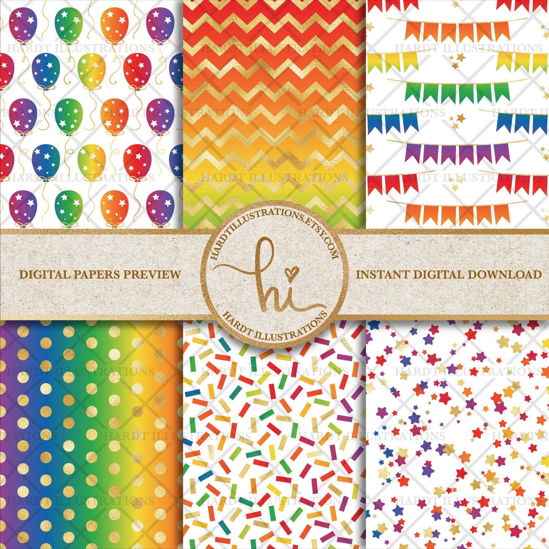 Rainbow Birthday Digital Paper Colorful Party Designs | Etsy