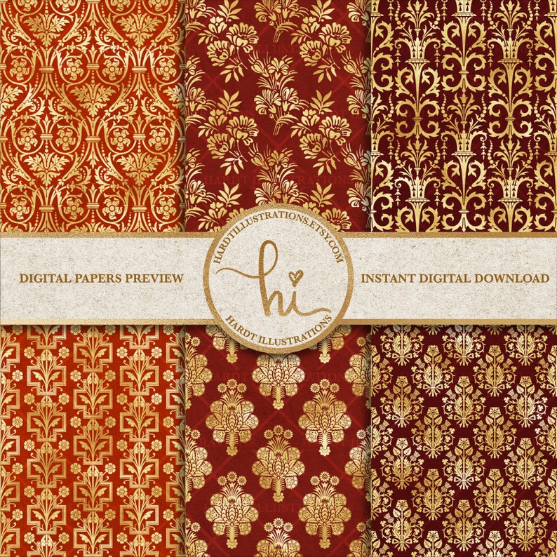 Red & Gold Foil Damask Digital Paper Vintage Burgundy | Etsy