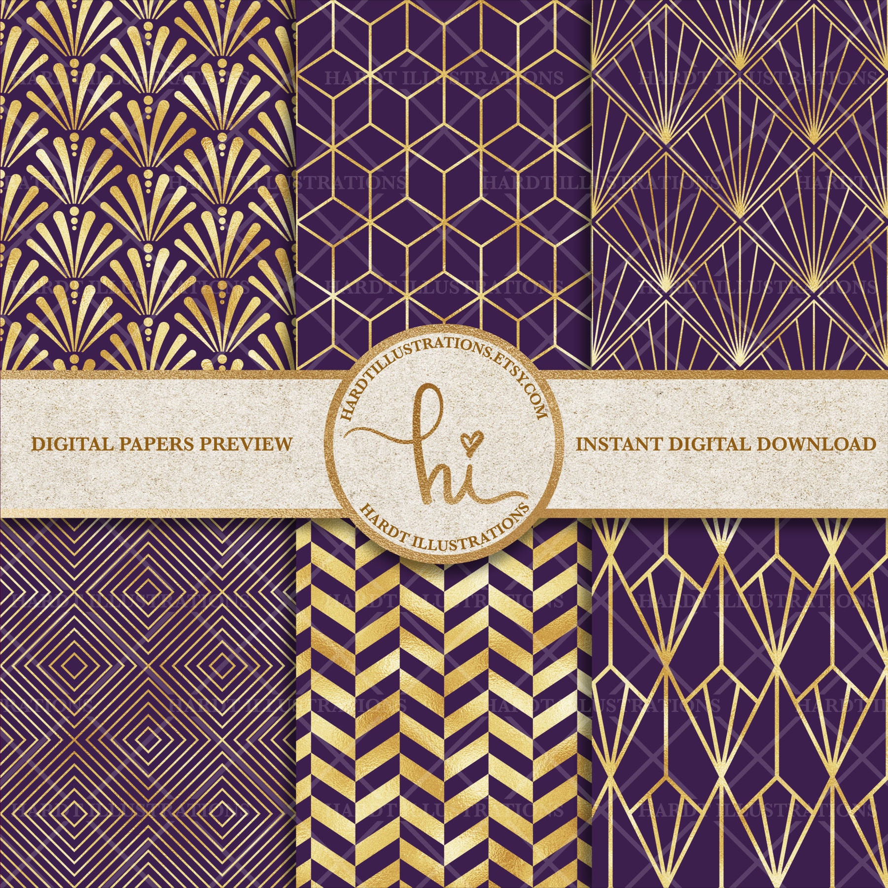 Purple & Gold Foil Art Deco Digital Paper Geometric Design | Etsy