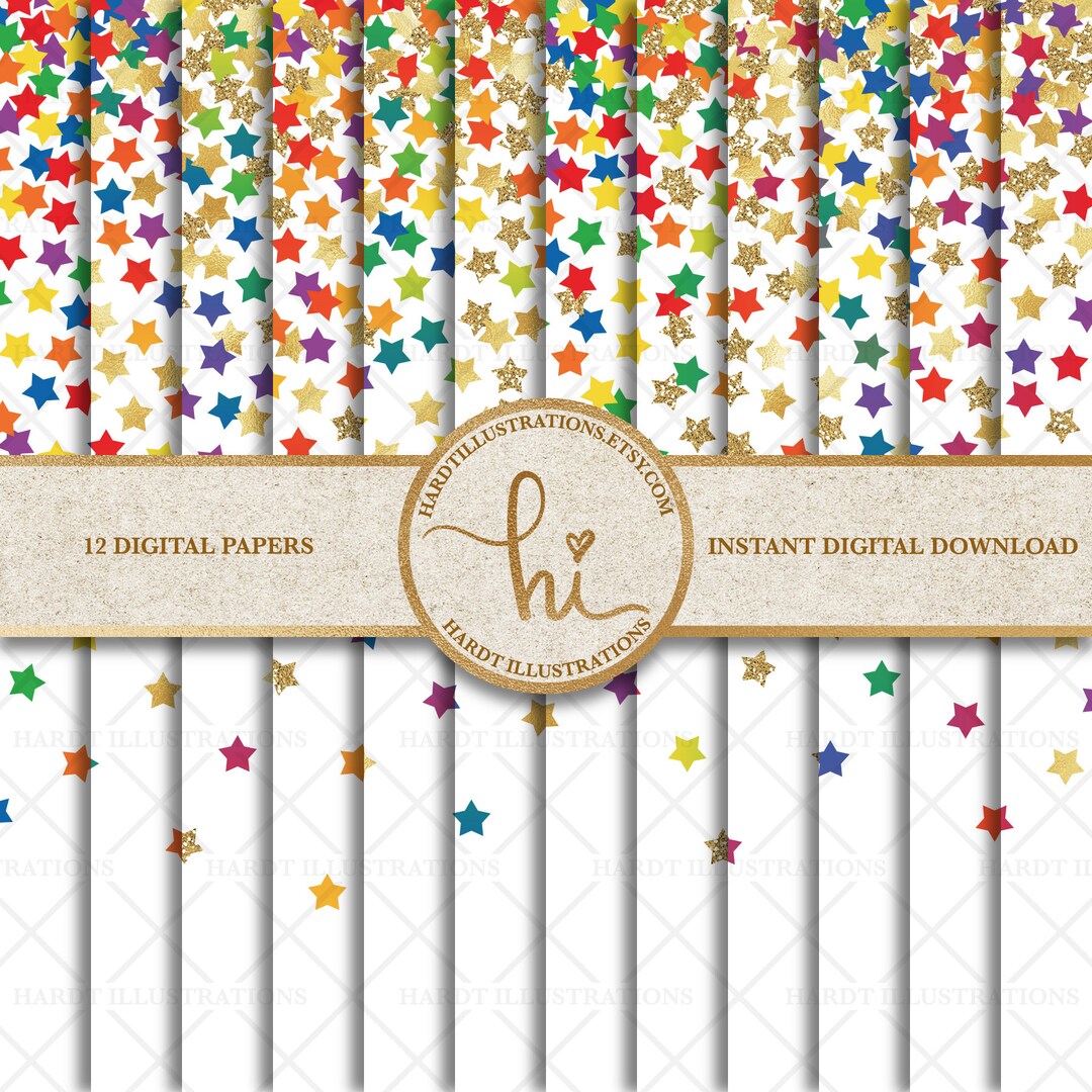 Rainbow Star Confetti Digital Paper, Falling Confetti Background, Foil ...
