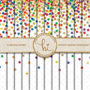 Rainbow Star Confetti Digital Paper, Falling Confetti Background, Foil ...