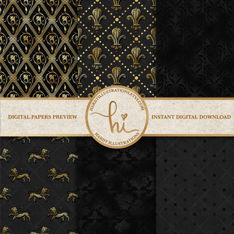 Black & Gold Foil Heraldic Digital Paper Vintage Medieval | Etsy