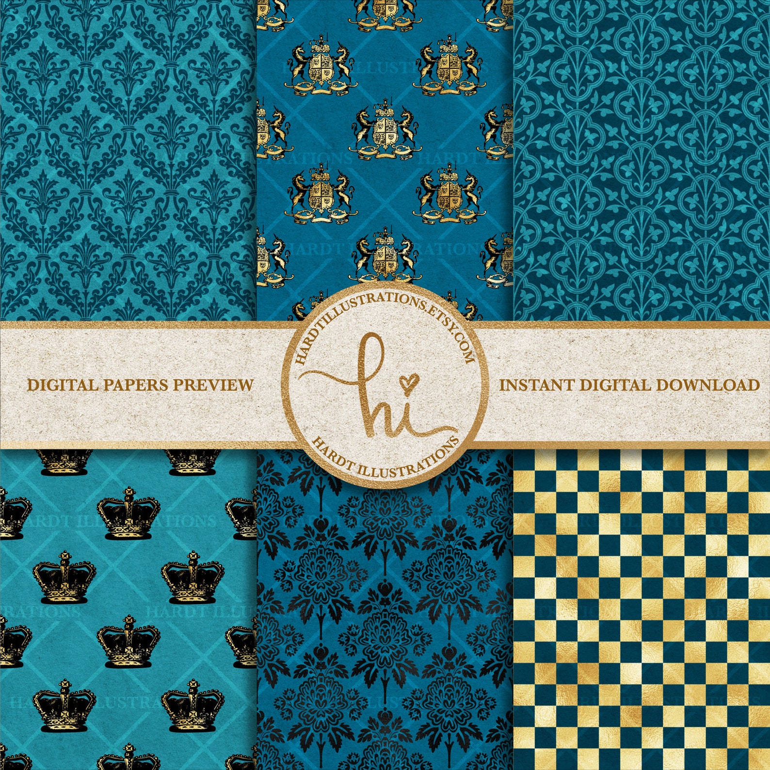 Teal & Gold Foil Heraldic Digital Paper Turquoise Medieval - Etsy