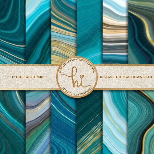 Teal Agate Digital Paper Swirls Digital Paper Marble Gold | Etsy