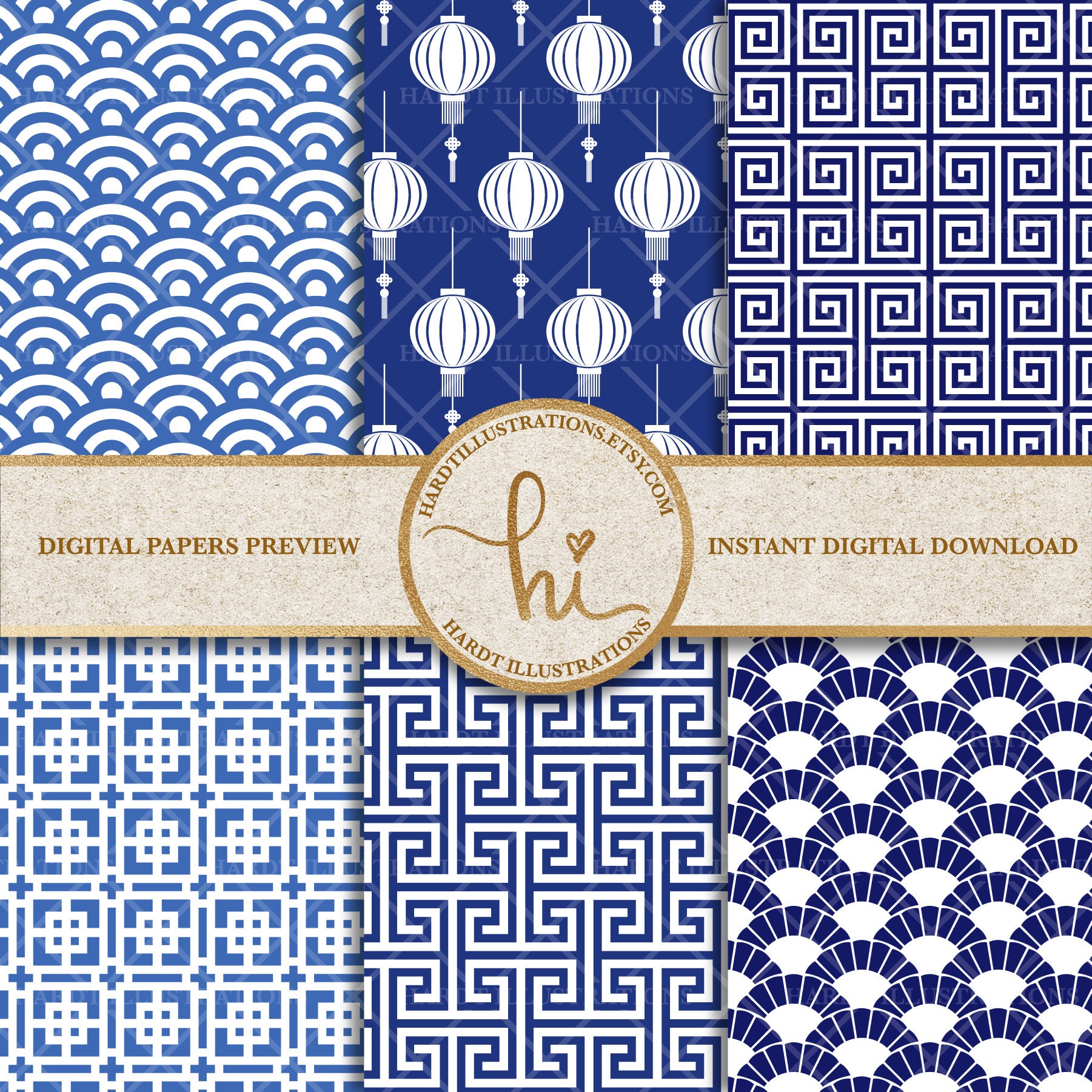 Blue & White China Digital Paper China Blue Geometric Asian - Etsy